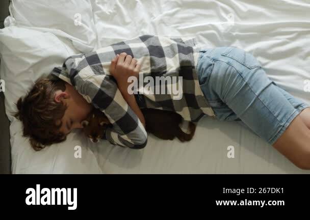 Young boy rests peacefully on a bed, snuggling with a small puppy. The ...