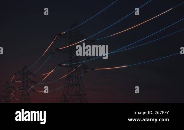 Glowing power lines and transmission towers in the dark. Loopable Ultra ...