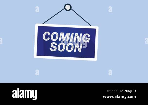 Video animation Coming Soon hanging sign on blue background. 4k graphic ...