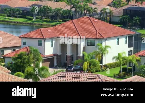 Wealthy residential area in USA suburbs. Rich neighborhood with ...
