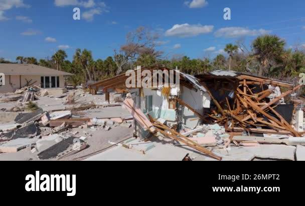 Destroyed houses on ocean shore after hurricane Milton landfall ...