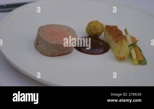 A fine dining dinner plate with red meat, special sauce and garnish. A ...