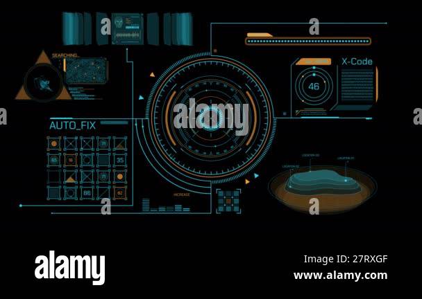 Data processing on a high-tech display with HUD and infographics elements, animation on alpha ...