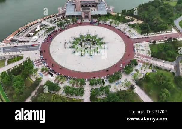 Top Down View Of Putra Square By Putra Mosque In Putrajaya Circular Road With Moving Cars