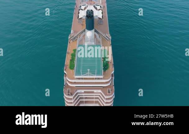 Aerial top down full view of luxury large cruise ship sailing full ...