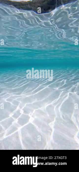 Tropical blue ocean with white sand underwater, vertical water ...