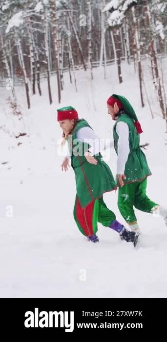 Two fabulous elves in green suits ran into the hut to warm themselves ...