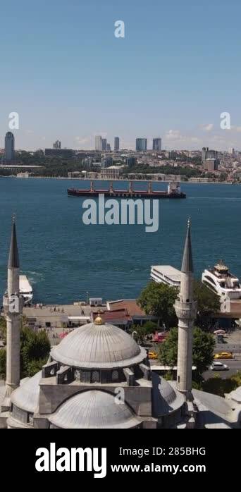 Mihrimah Sultan Mosque is an ancient symbol in Istanbul. Aerial shot ...