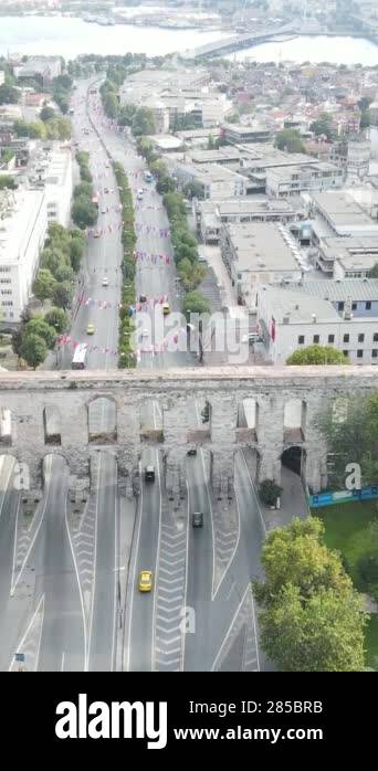 Aerial drone view from Valens Aqueduct Bozdogan Kemeri , a Roman ...