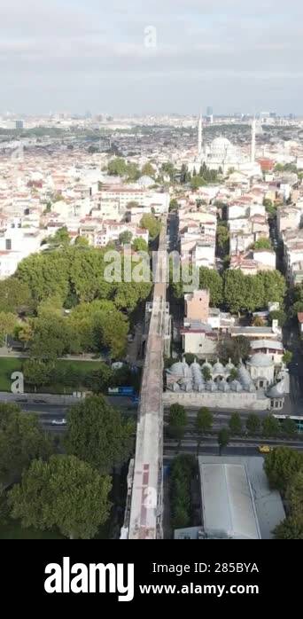 Aerial drone view from Valens Aqueduct Bozdogan Kemeri , a Roman ...