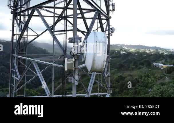 A tall communication tower equipped with multiple antennas, standing ...