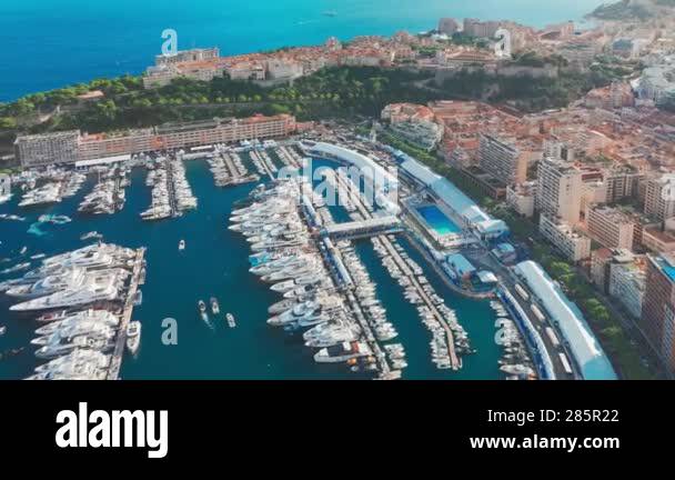 Aerial view of the city center of the Principality of Monaco. The scene ...
