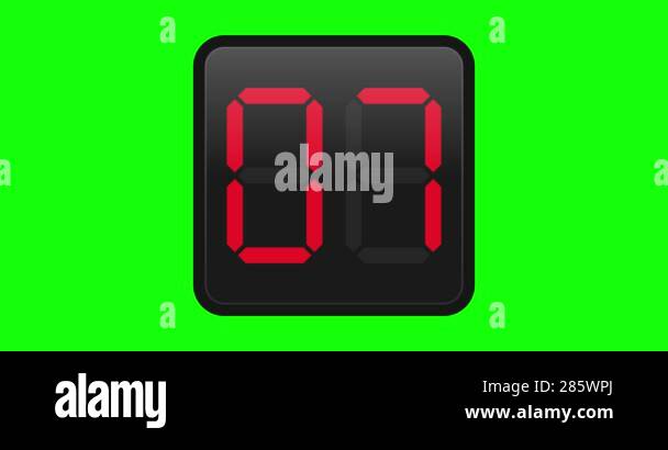 Digital countdown display counting from 10 to 0. 2D animation on green ...