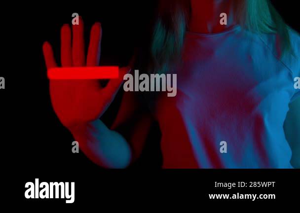 Computer technology and cyberspace security. Woman touches glass screen ...