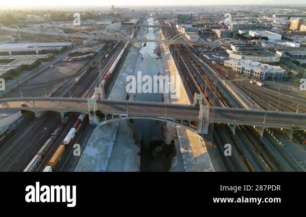 Drone footage showcasing a stunning aerial view of an iconic bridge ...