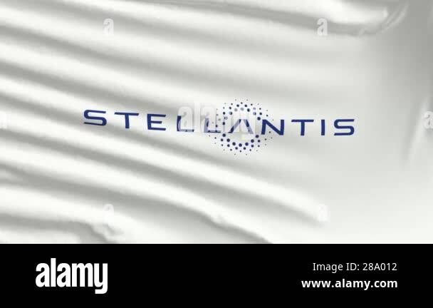 white flag with stellantis logo waving in the wind. High quality 4k ...