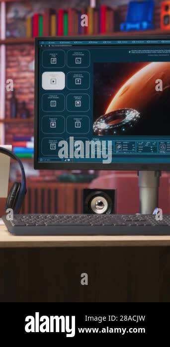 Vertical video AI program turning text prompt into videos results. Monitor in desk surrounded by ...