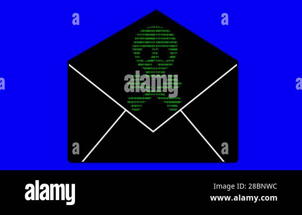 video animation icon of letter envelope and a skull with numbers 0 or 1 ...