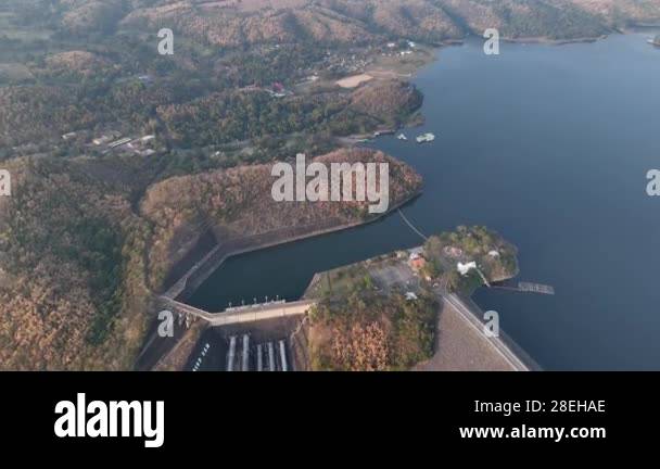 4K Aerial view of Srinagarind dam a hydropower electric power plant for ...