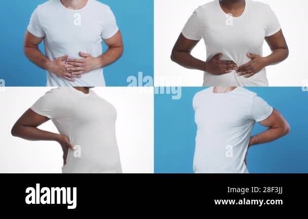 A collection of people displaying symptoms of pain, including stomach ...
