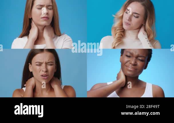 Four individuals display various expressions of pain and discomfort ...