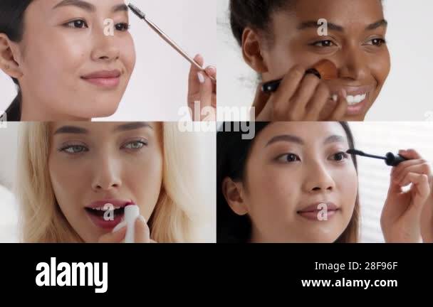 Four women engage in their skin care and beauty routines. They apply ...
