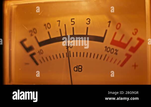 Detailed shot of a VU meter showing changing decibel levels, typical in ...