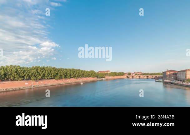 Panorama showing waterfront of Garonne River and Pont Neuf timelapse with Museum of the History ...