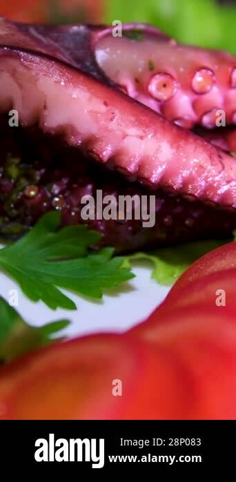 Octopus serving with vegetables, sea food. Freshly boiled octopus ...