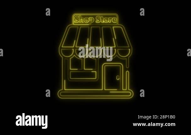 Glowing neon line store animated icon yellow color, shop neon line ...