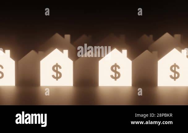 real estate market values with glowing house icons and dollar signs ...