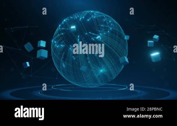 A blue sphere with many cubes surrounding it. The sphere is surrounded ...