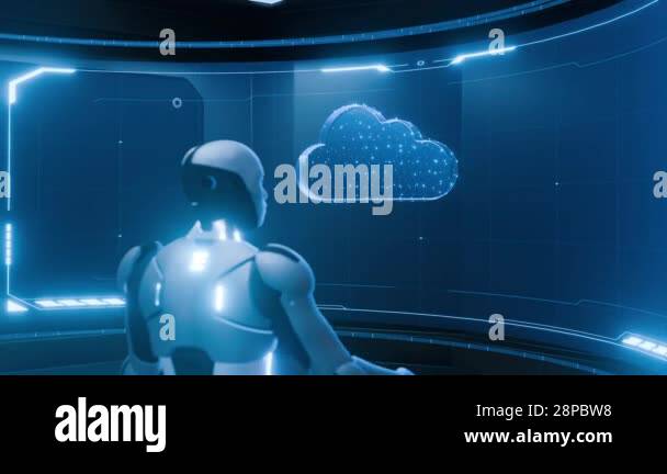 A futuristic AI robot examines a cloud computing interface, symbolizing ...