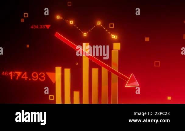 Market stock, 3d red bar graph fall down following the arrow on tablet ...