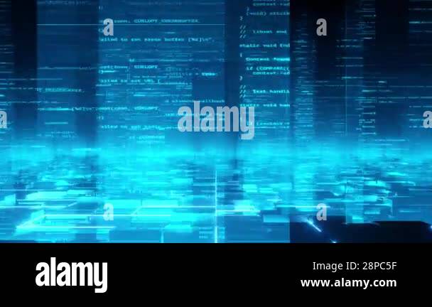 big data code flow in plane glass, camera animation fly through ...