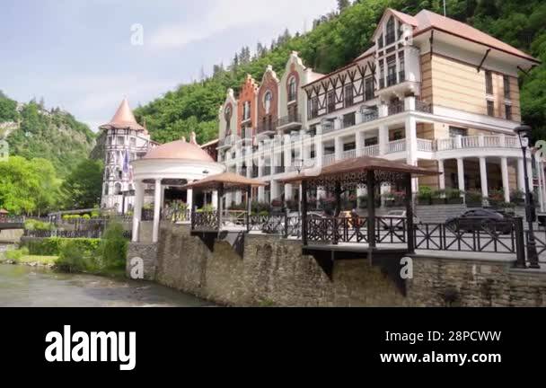 Borjomi city center shows picturesque view of hotel with balconies and ...