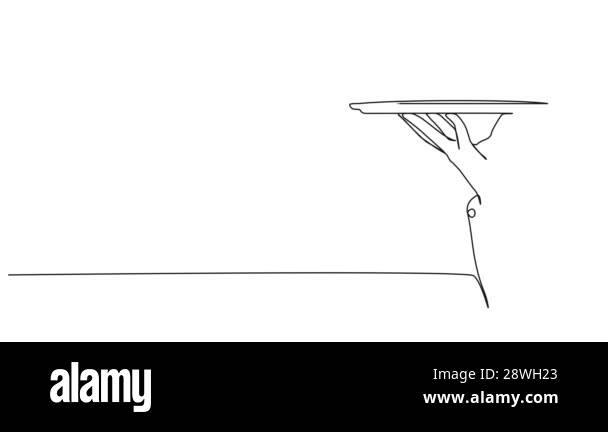 animated continuous single line drawing of waiter holding plate with ...