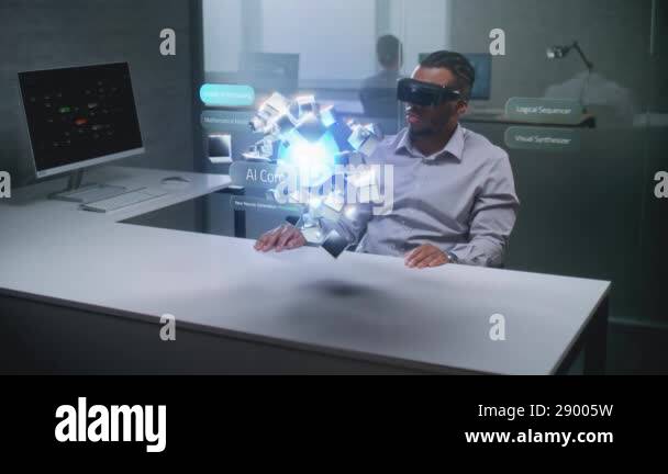 African American Engineer Uses Augmented Reality Headset to Visualize Virtual 3D Holographic ...
