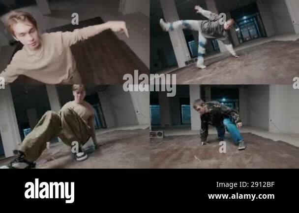 Split screen of inspired Caucasian gen Z b-boys in street style clothes ...