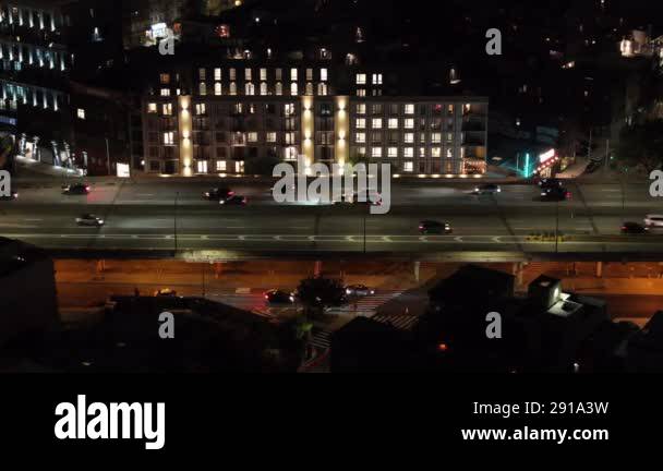 Aerial view of traffic on the Brooklyn Queens Expressway at night. Shot ...