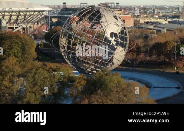 Aerial view of the Unispere in Flushing Meadows Corona Park. Shot on an ...