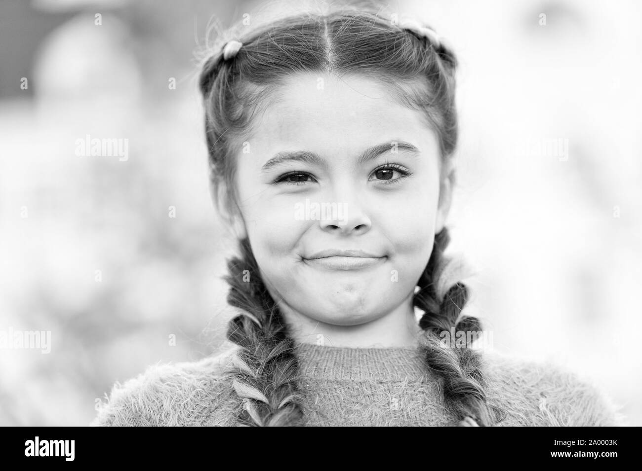 Have some doubts. Sincere emotional kid. Girl emotional face. Thoughts ...