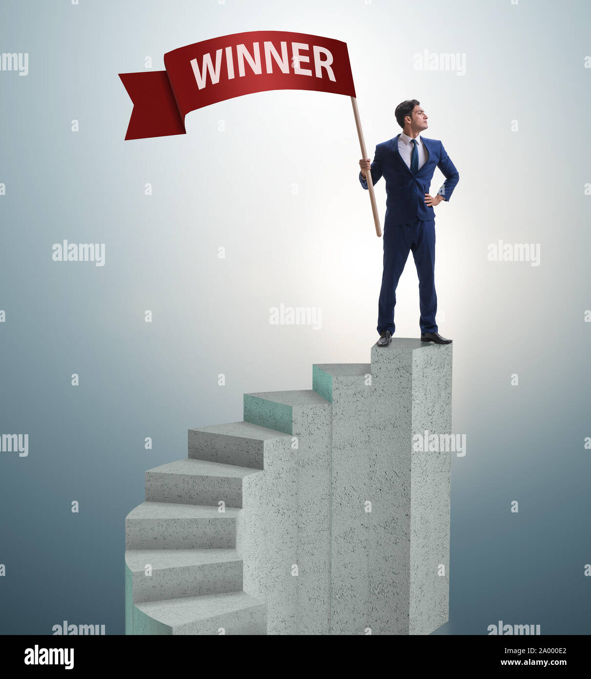 The businessman winner on top of staircase Stock Photo - Alamy