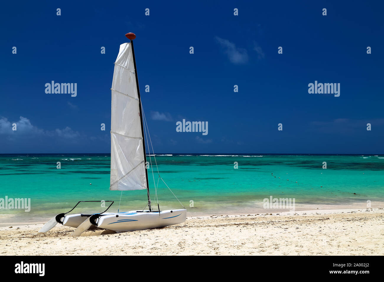 Catamaran on the exotic coast of the Atlantic Ocean with a background ...