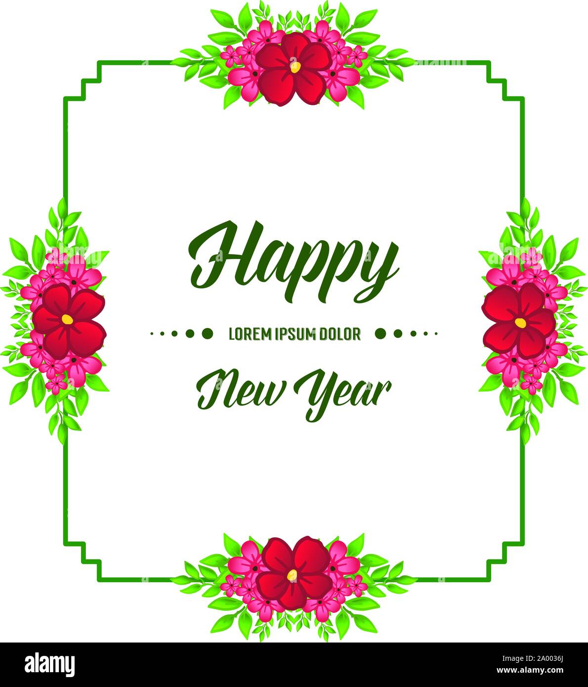 Beautiful greeting card happy new year, with pink flower frame ...