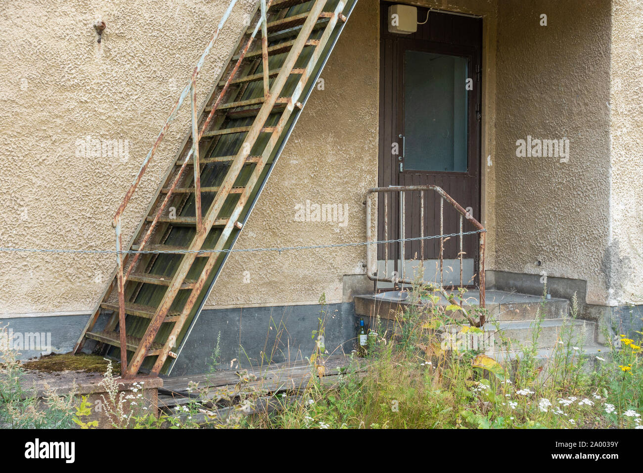 Old metal stairs of an military building on Isosaari island in Helsinki ...