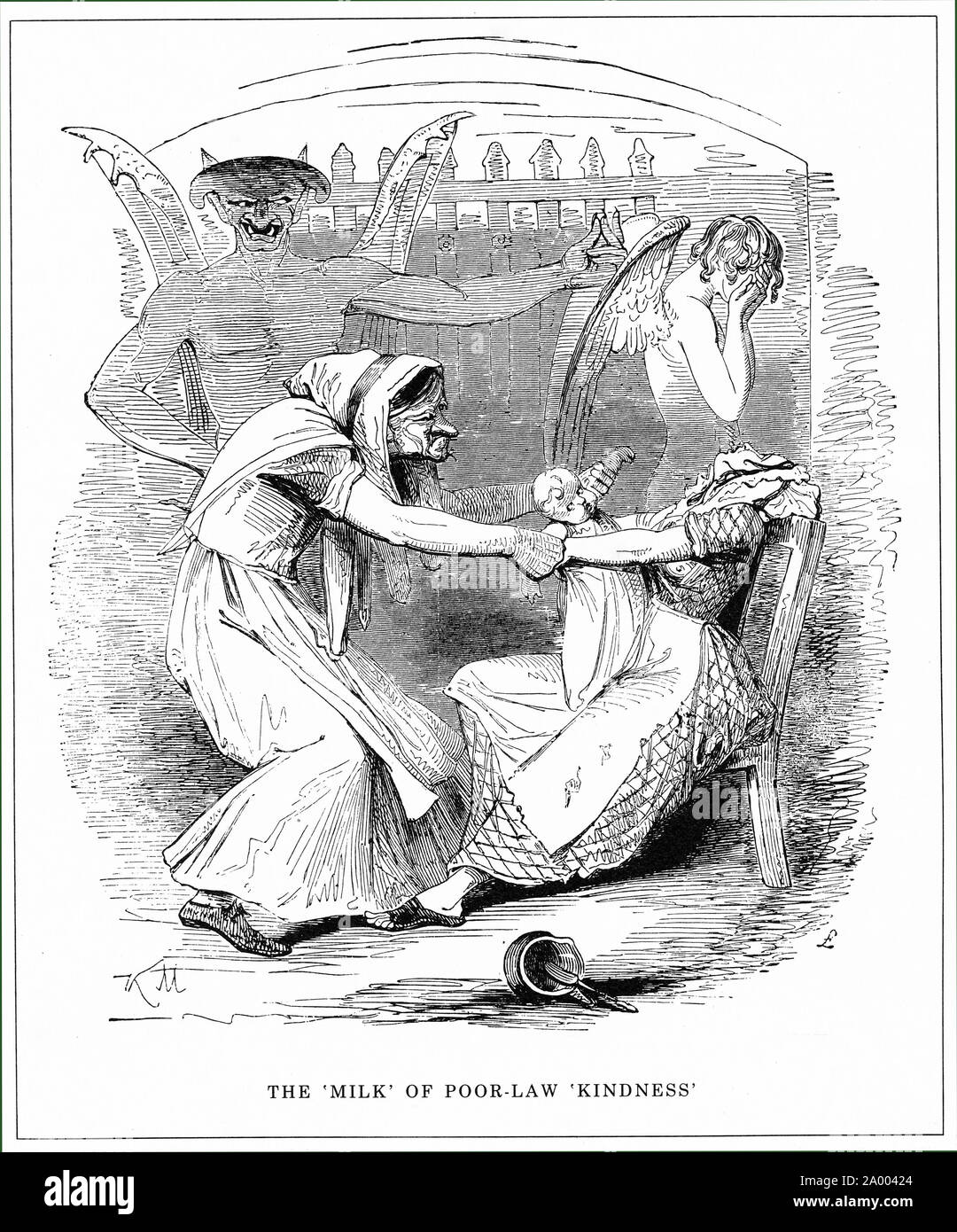 Engraving of the milk of poor-law kindness - with a demon pushing away ...