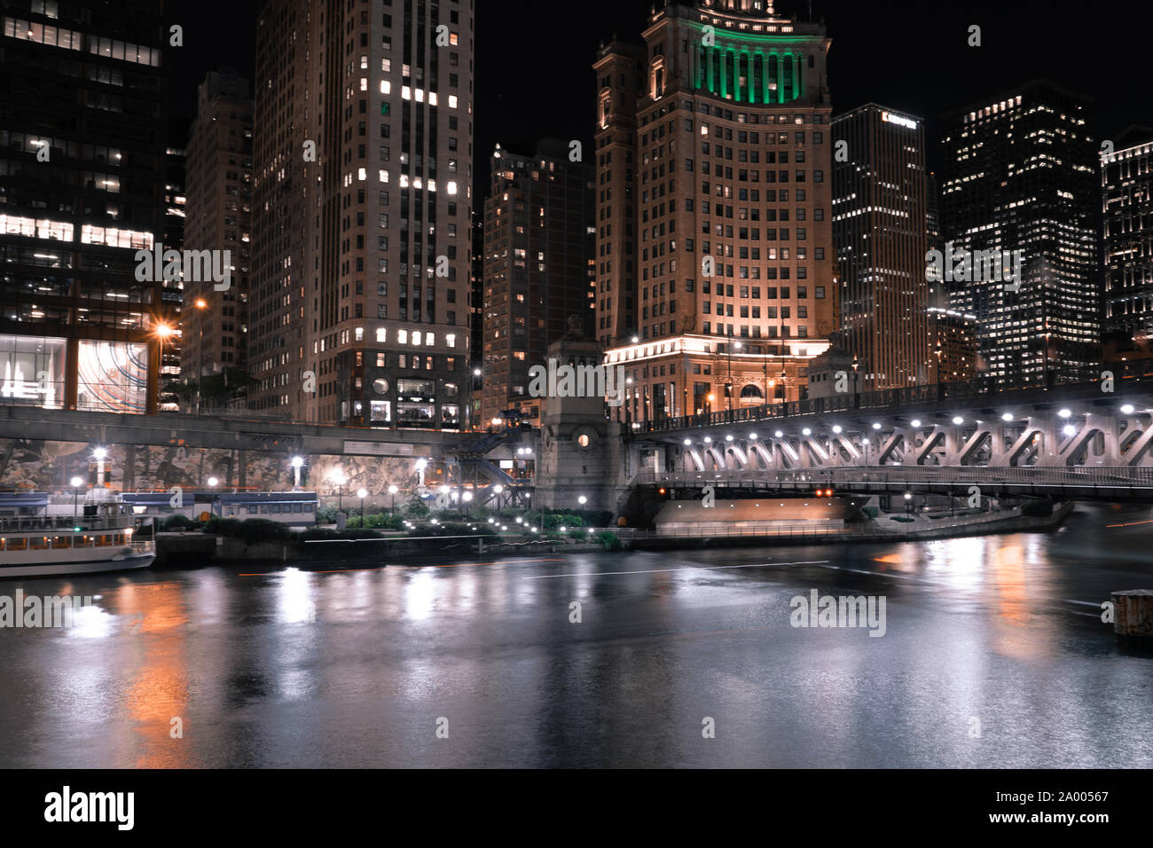 long exposure of riverwalk and chicago river under the Michigan Ave, in ...