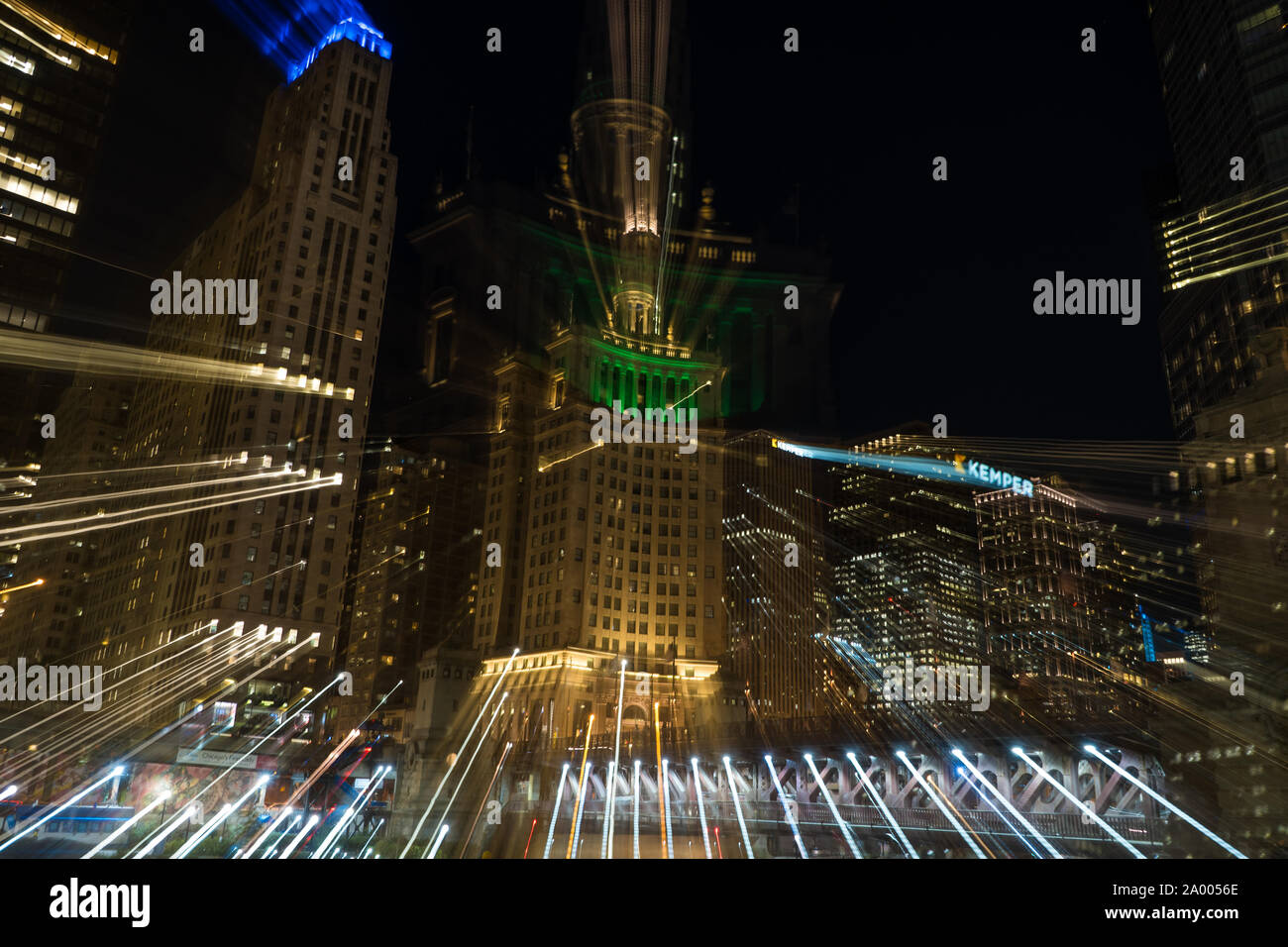 Long exposure picture with light rays effect in Chicago . IL , Downtown ...