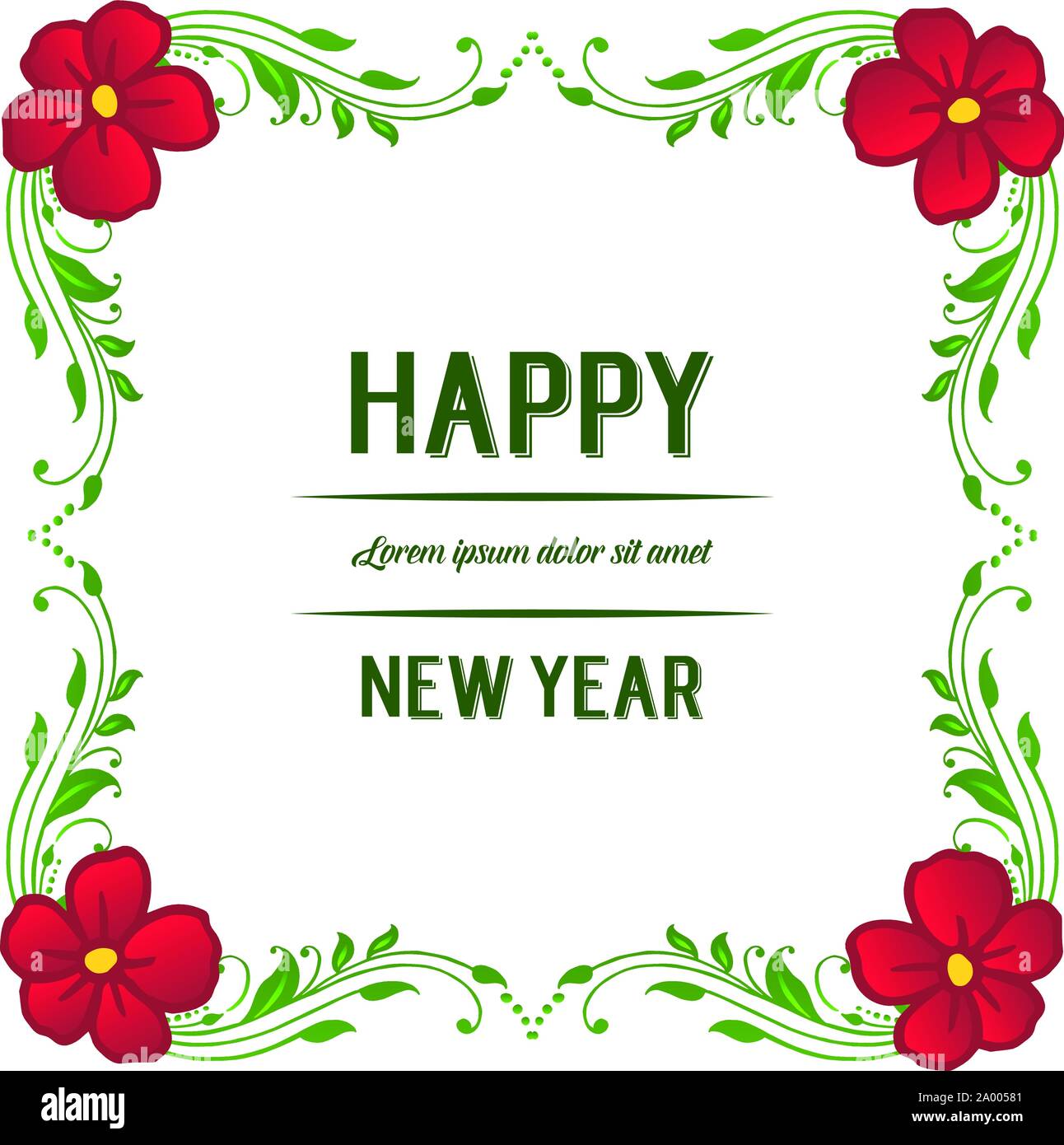 Creative card happy new year, with plant of green leaves frame and red ...